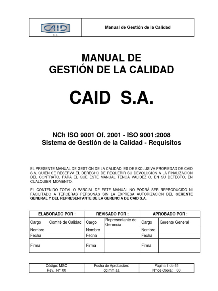 Draft - Manual de Gestion de La Calidad CAID v00 | PDF | Calidad (comercial) | Gestión de la calidad