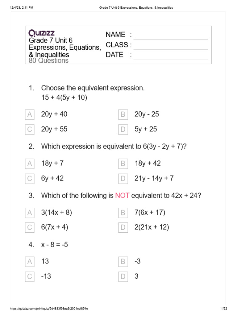 Grade 7 Math: Expressions & Inequalities Quiz | PDF | Equations ...