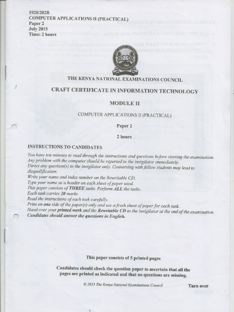 Computer Applications II Practical July 2015 | PDF