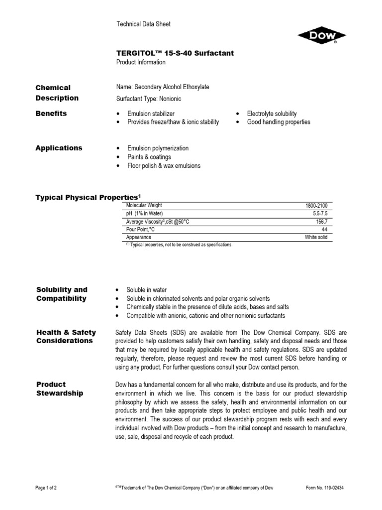 119 02434 01 Tergitol 15s40 Surfactant Tds | PDF | Surfactant | Solubility