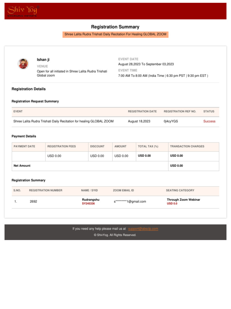 Shree Lalita Rudra Trishati Daily Recitation For Healing - Registration - Receipt | PDF