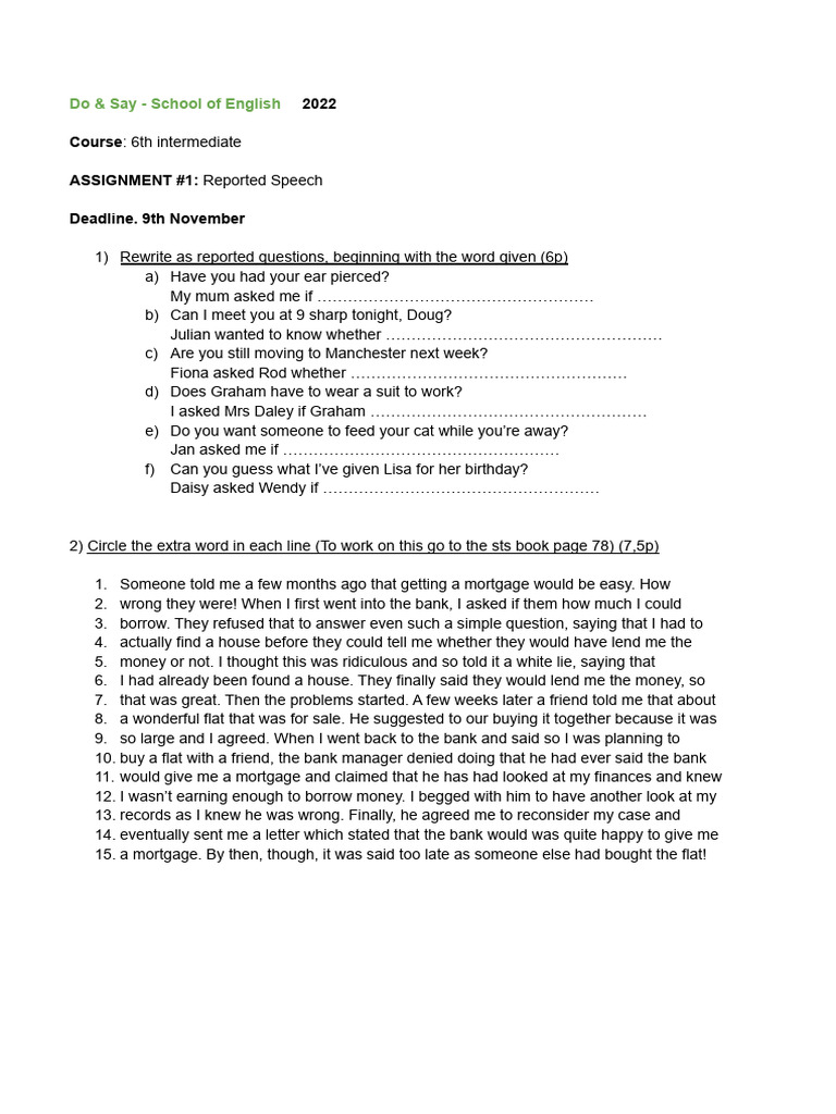 Reported Speech Assignment Guide | PDF | Games & Activities | Language ...