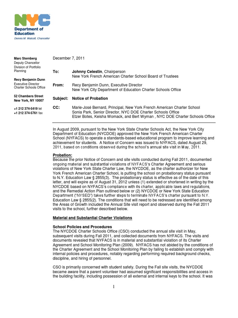 NYFACS Charter School Probation Notice | PDF | Background Check | Audit