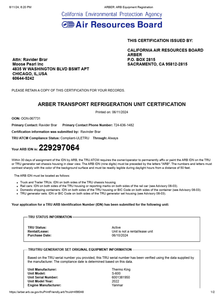 ARB Certification for TRU Unit | PDF | Engines | Land Vehicles