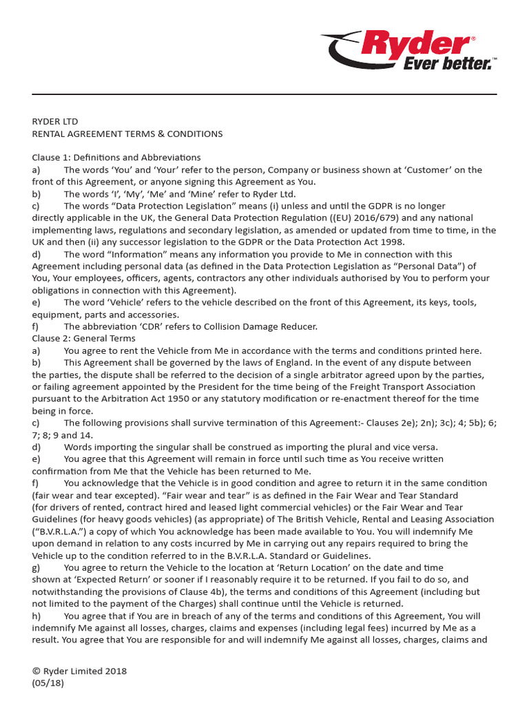 Ryder LTD Rental Agreement Terms Amp Conditions | PDF | Insurance ...