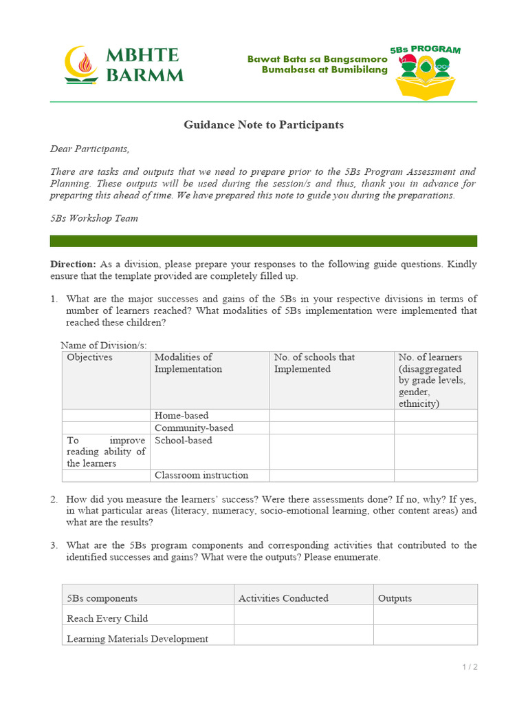 5Bs One Year After Guidance Note To Pax | PDF | Learning | Literacy