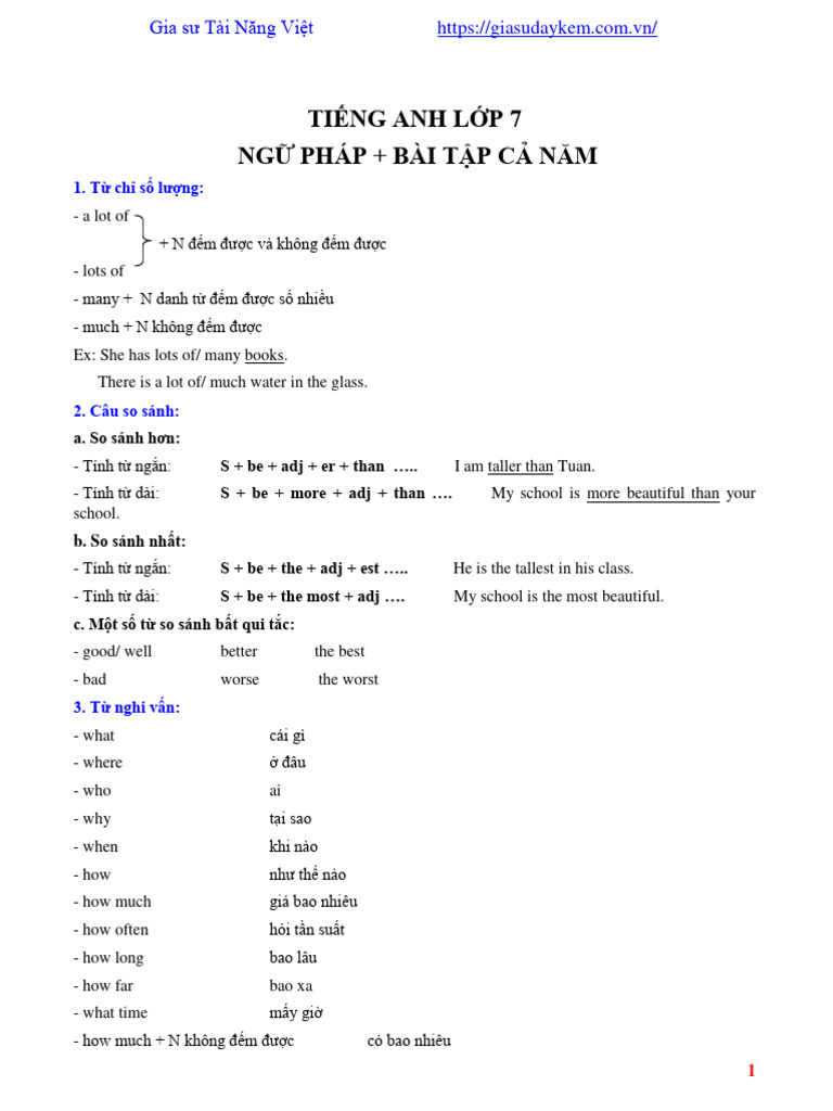 Tai Lieu On Tap Tieng Anh Lop 7 CA Nam Ngu Phap Va Bai Tap Mon Tieng Anh Lop 7 | PDF