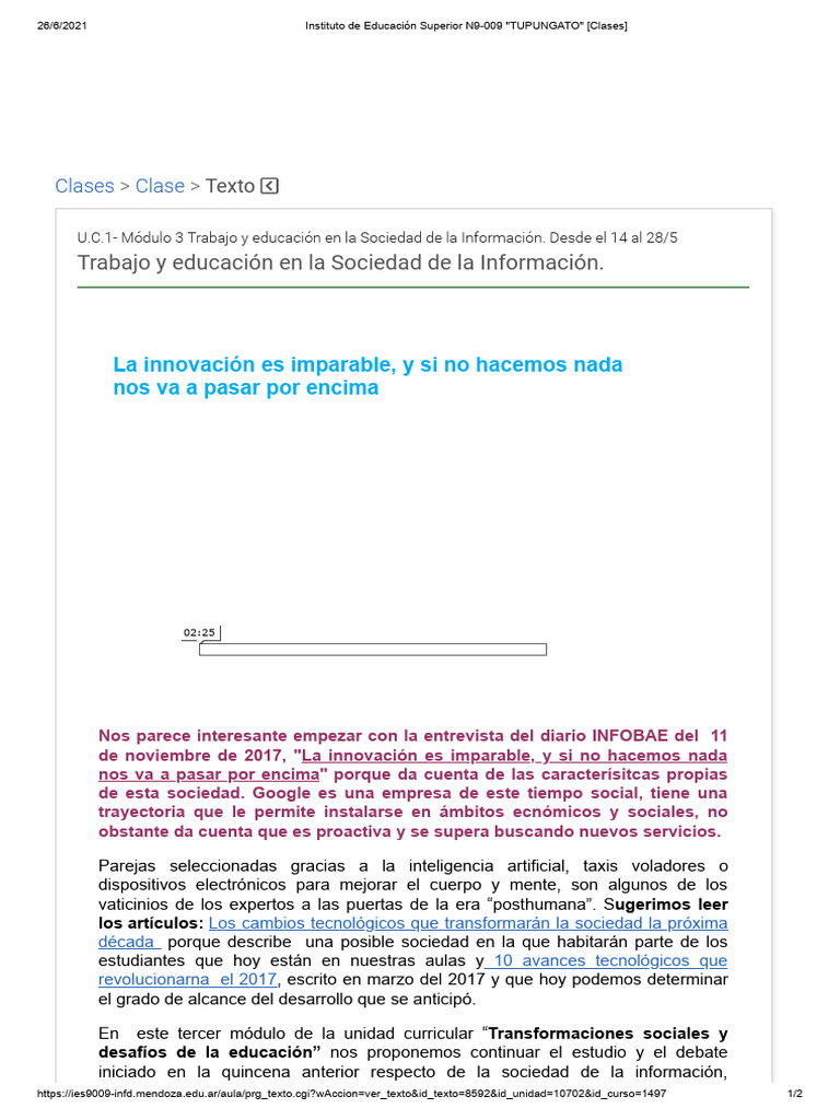 Instituto de Educación Superior N9-009 - TUPUNGATO - (Clases) | PDF | Sociedad