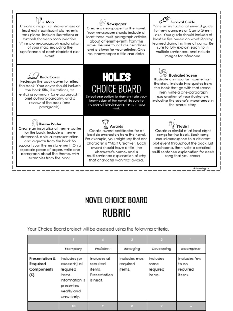 Holes Novel Choice Board Activities | PDF | Linguistics | Human ...