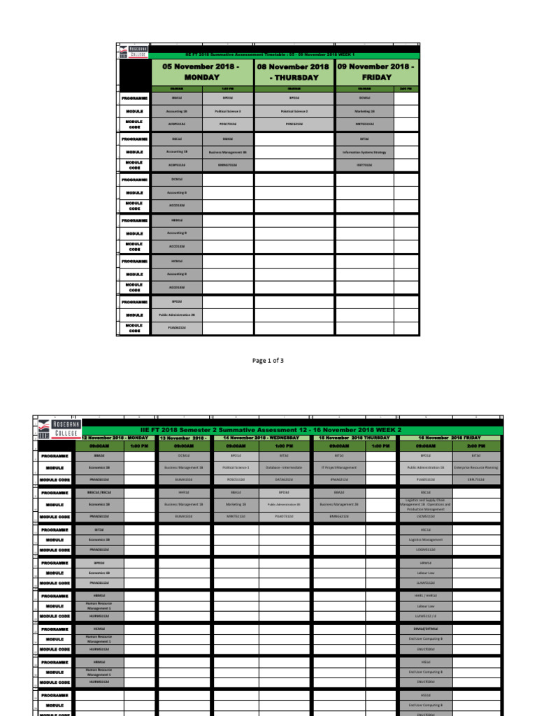 IIE FT 2018 Semester 2 EXAM Summative Assessment Timetable STUDENTS | PDF | Business | Economies