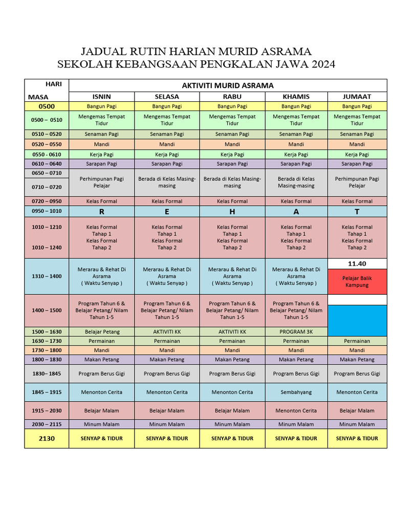 Jadual Rutin Harian Murid Asrama 2024 | PDF