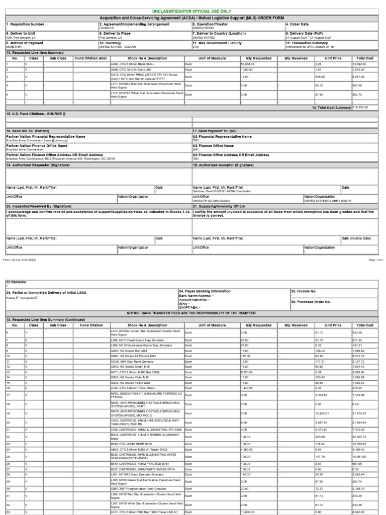 BRA Draft Ammo ACSA For JRTC 2024 Form 1-3a | PDF | Flight | Ammunition