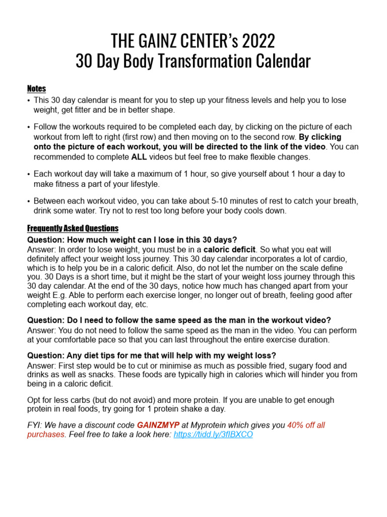 30 Day Transformation Calendar | PDF | Physical Fitness | Health Promotion