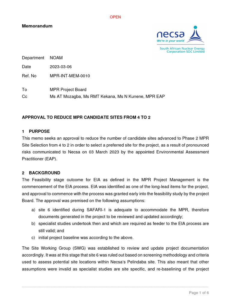 Approval to Reduce MPR Candidate Sites | PDF | Environmental Impact ...