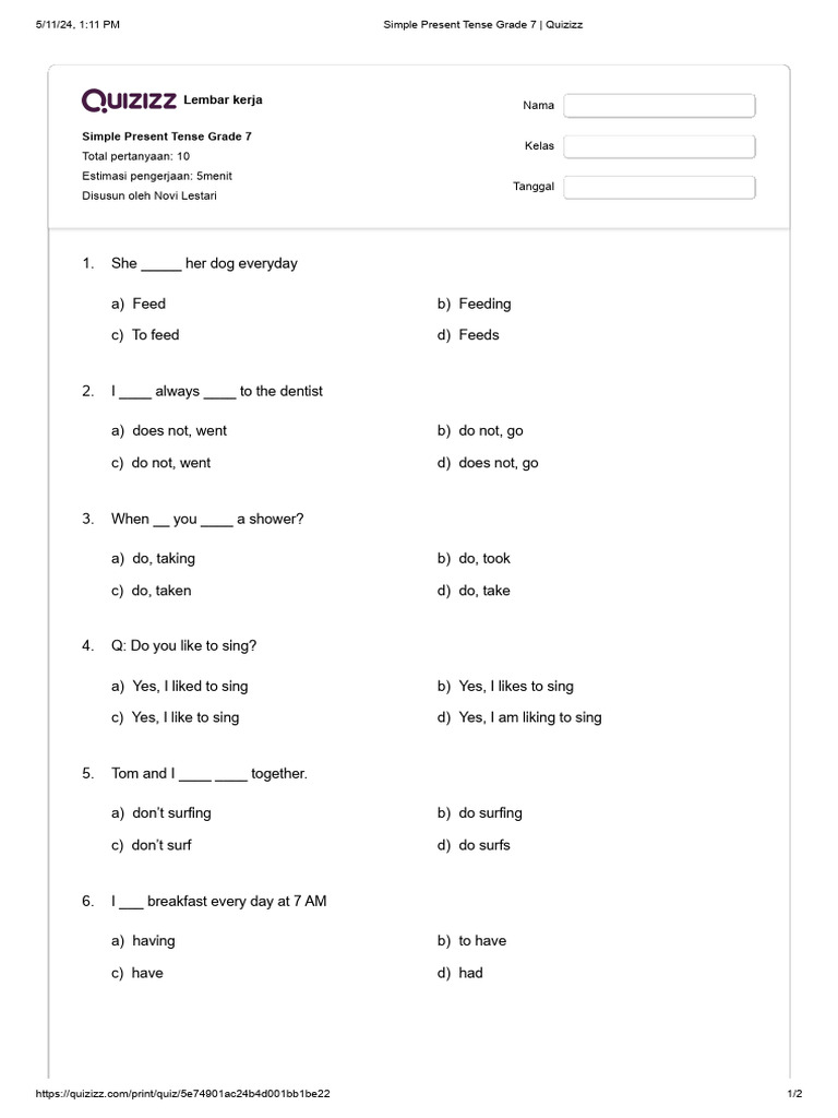 Bahasa Inggris New Simple Present Tense Grade 7 - Quizizz | PDF