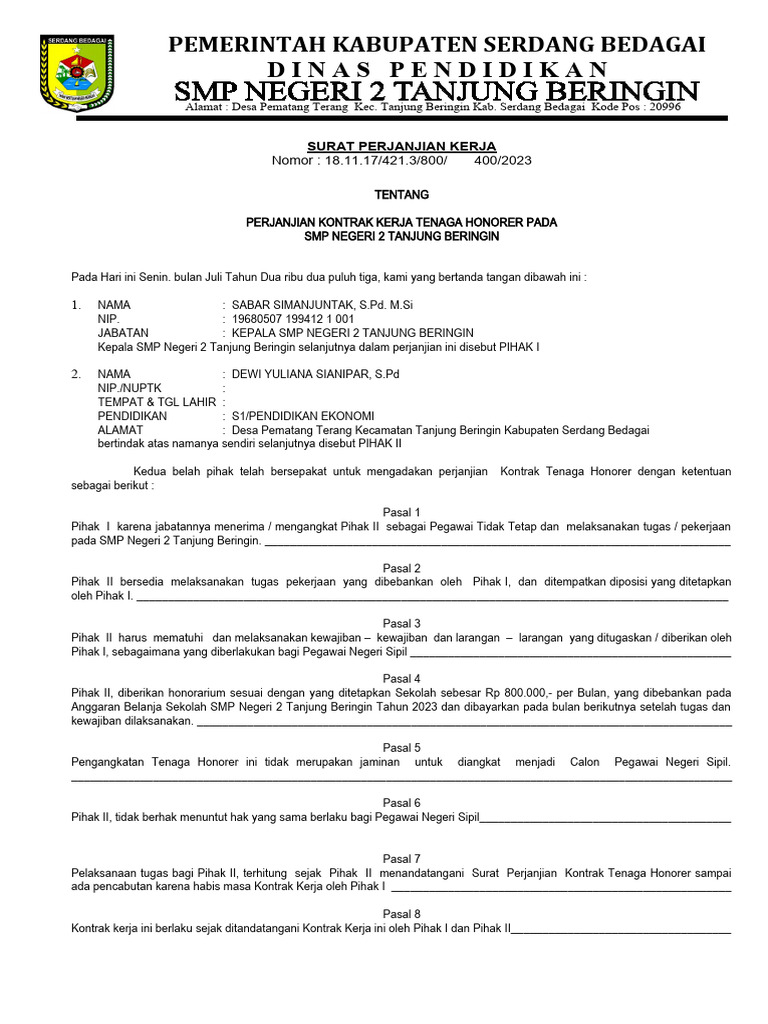 Surat Perjanjian Kerja (SPK) | PDF