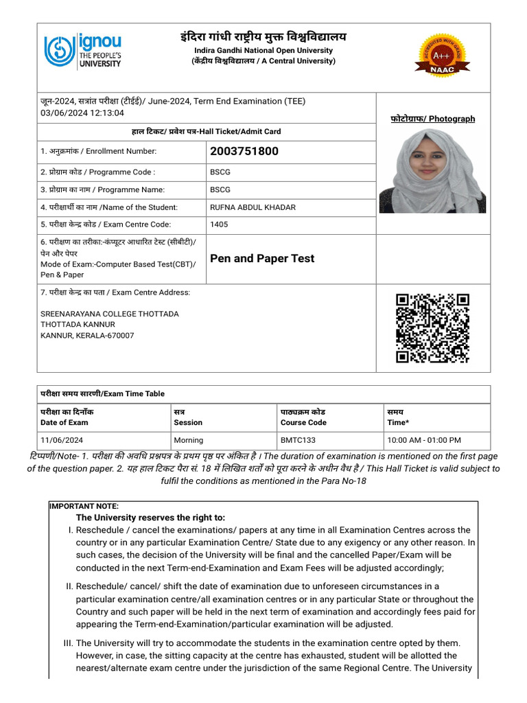 Ignou June-2024 - Hall Ticket - Admit Card | PDF