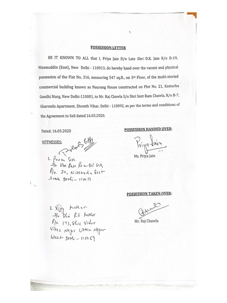 Possession Letter | PDF