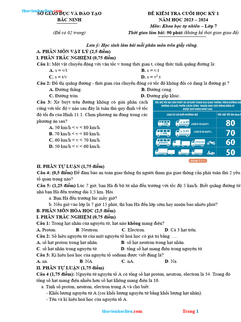 De Thi HK1 KHTN 7 Bac Ninh 23 24 | PDF