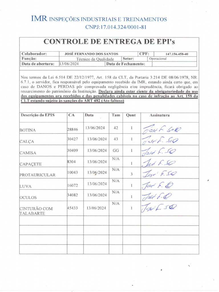 Ficha de EPI | PDF