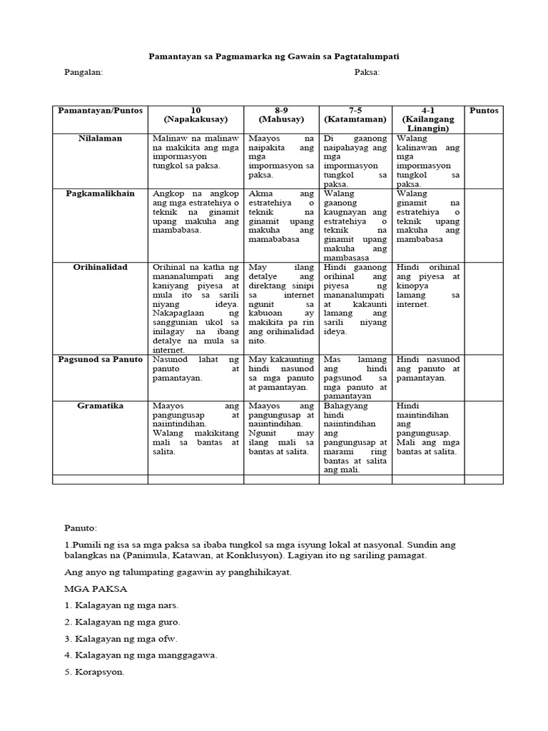 Pinal Na Pamantayan Sa Talumpaticit | PDF