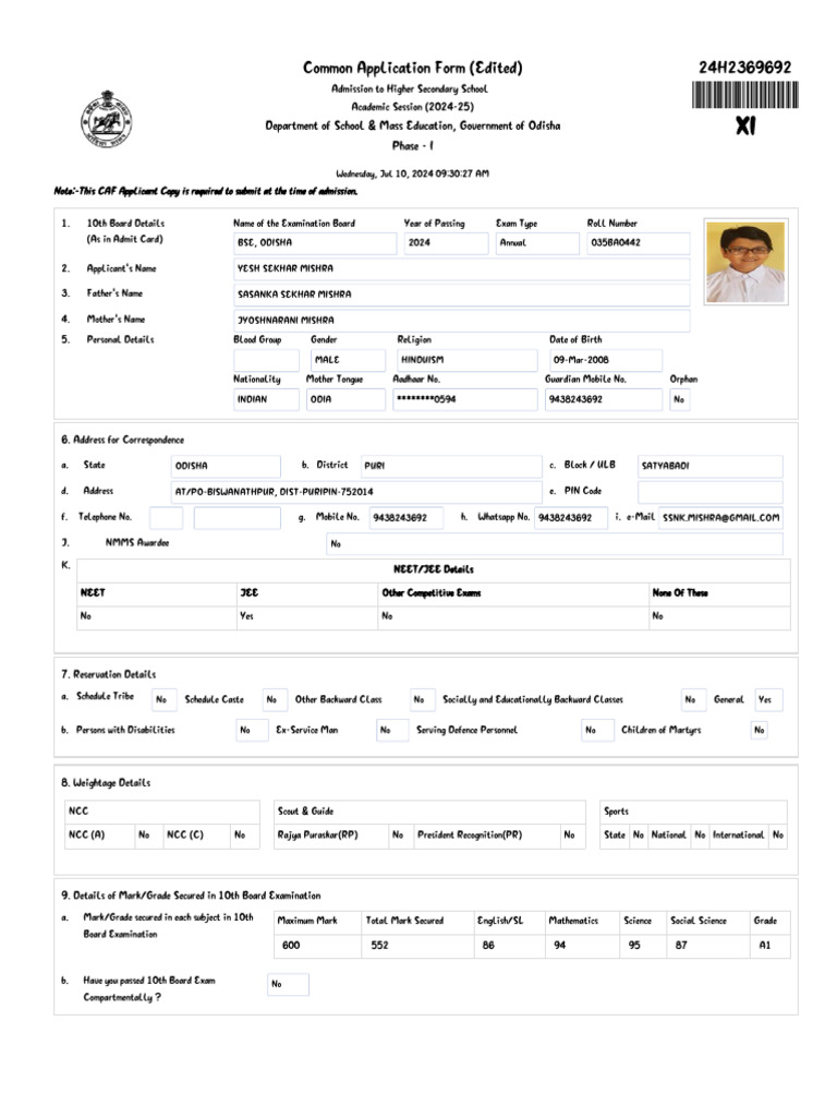 Higher Secondary School Admission CAF | PDF