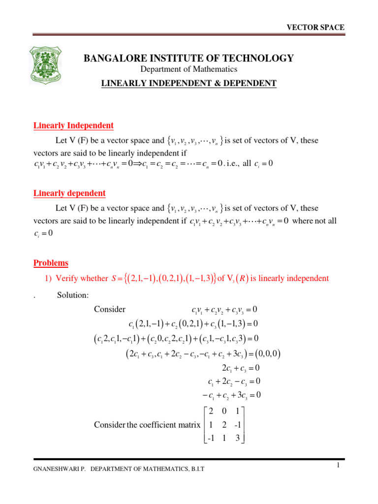 Linearly Independent and Dependent | PDF | Vector Space | Applied Mathematics