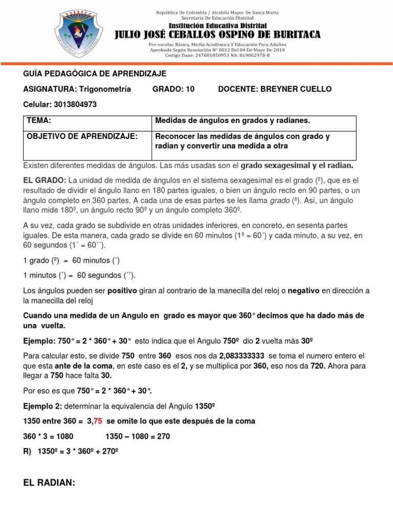 Medidas de angulos en grado y radianes | PDF | Ángulo | Matemáticas