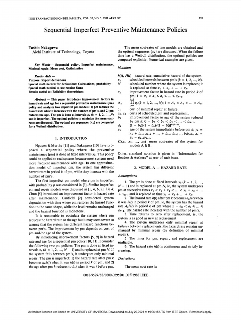1988-Nakagawa-Sequential Imperfect Preventive Maintenance Policies | PDF | Reliability ...