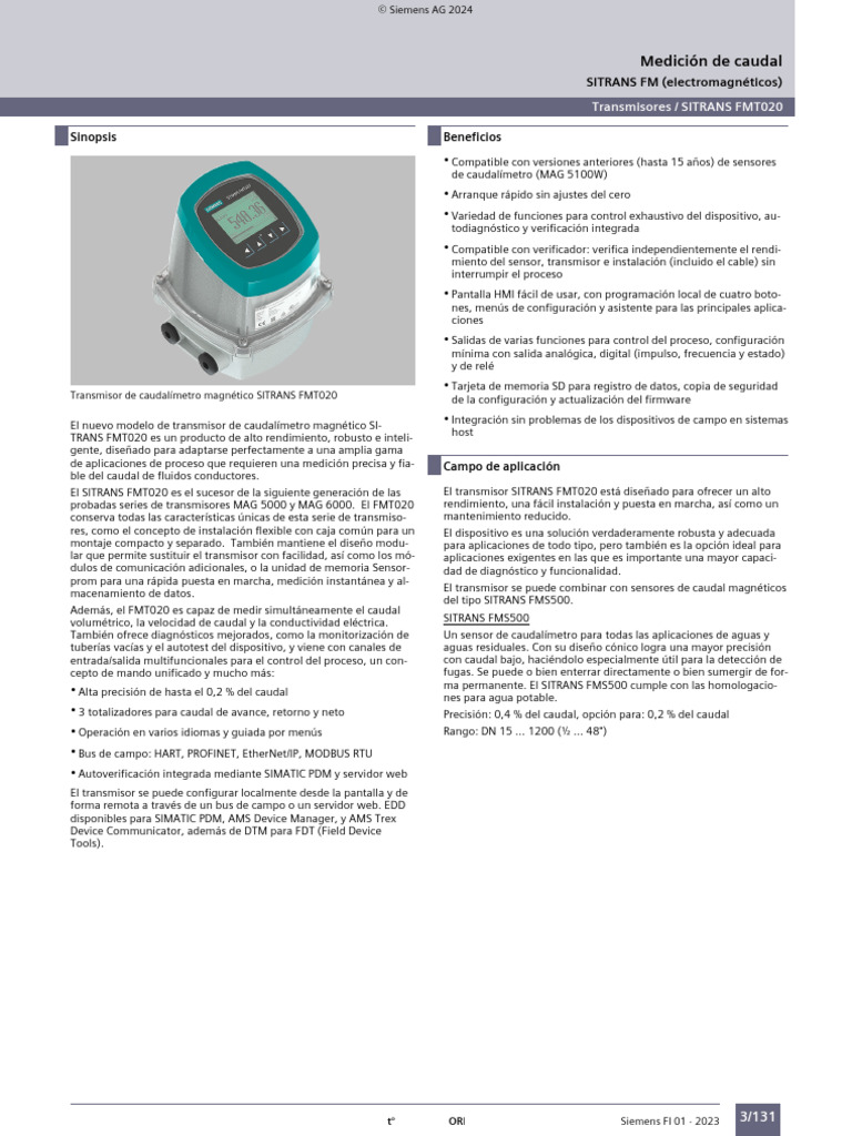 Manual del Transmisor SITRANS FMT020 | PDF | Medición de flujo | Transmisor