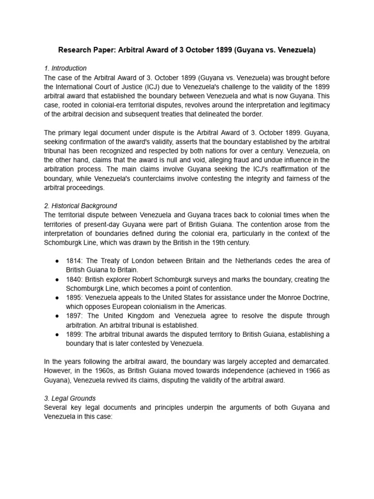 Research Paper Arbitral Award of 3.october 1899 (Guyana vs. Venezuela ...