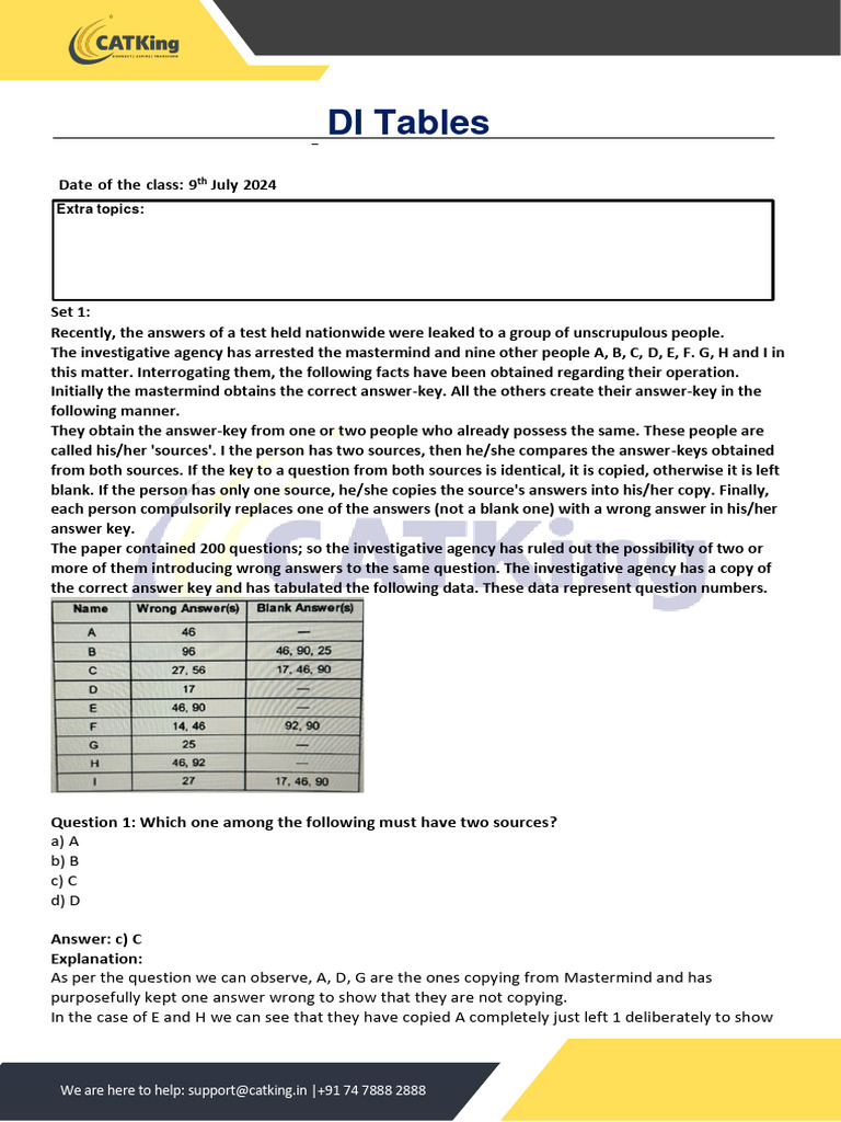 9th July - A2 - DI Tables | PDF | Question | Summer Sports