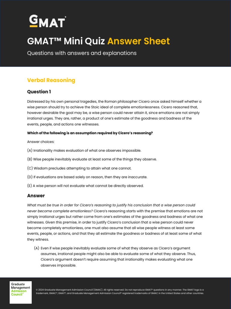 GMAT Mini Quiz Answer Sheet | PDF | Graduate Management Admission Test ...