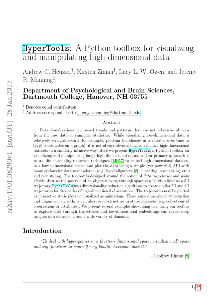 Hypertools: A Python Toolbox For Visualizing and Manipulating High-Dimensional Data | PDF ...