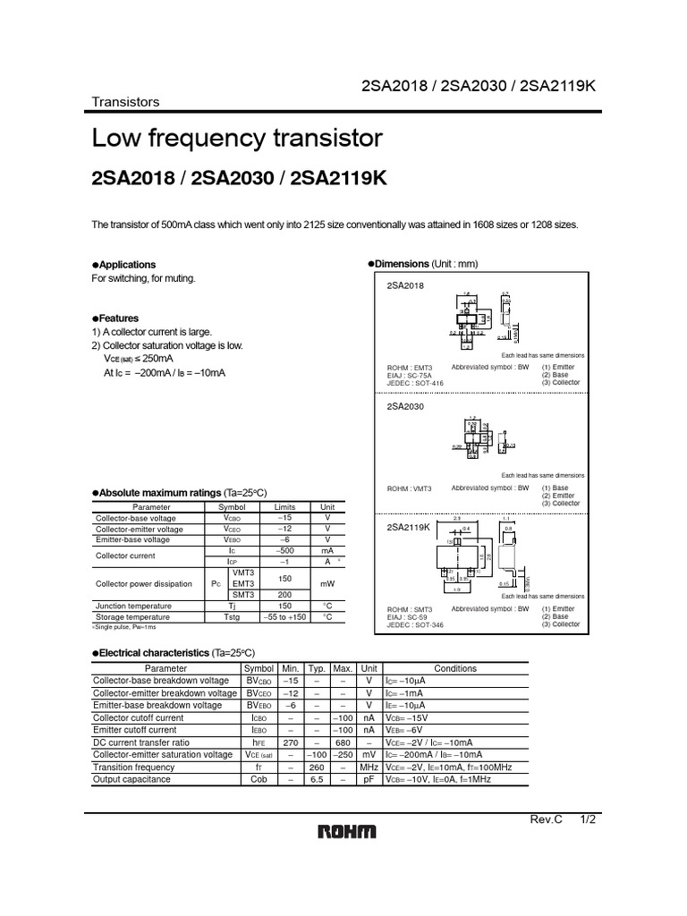 2sa2018, 2sa2030, 2sa2119k Rohm | PDF | Bipolar Junction Transistor | Electromagnetism
