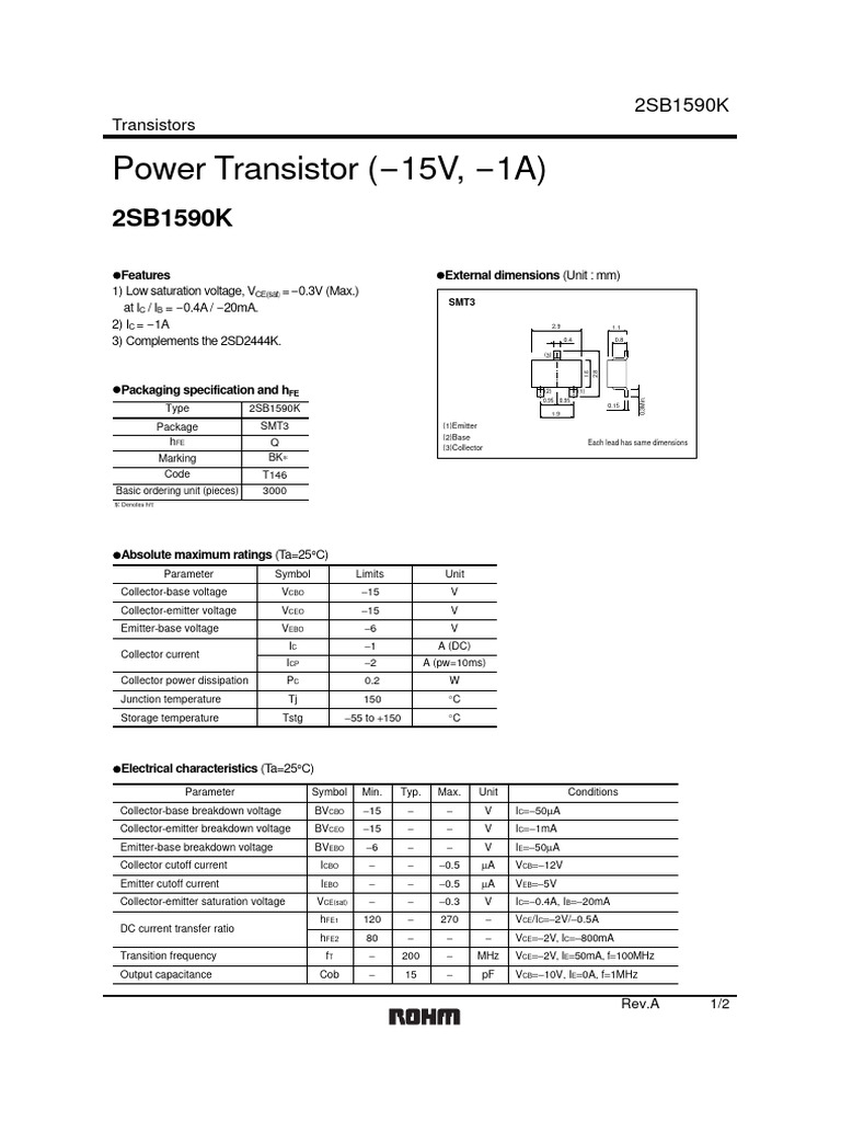 2sb1590k Rohm | PDF | Bipolar Junction Transistor | Electrical Engineering
