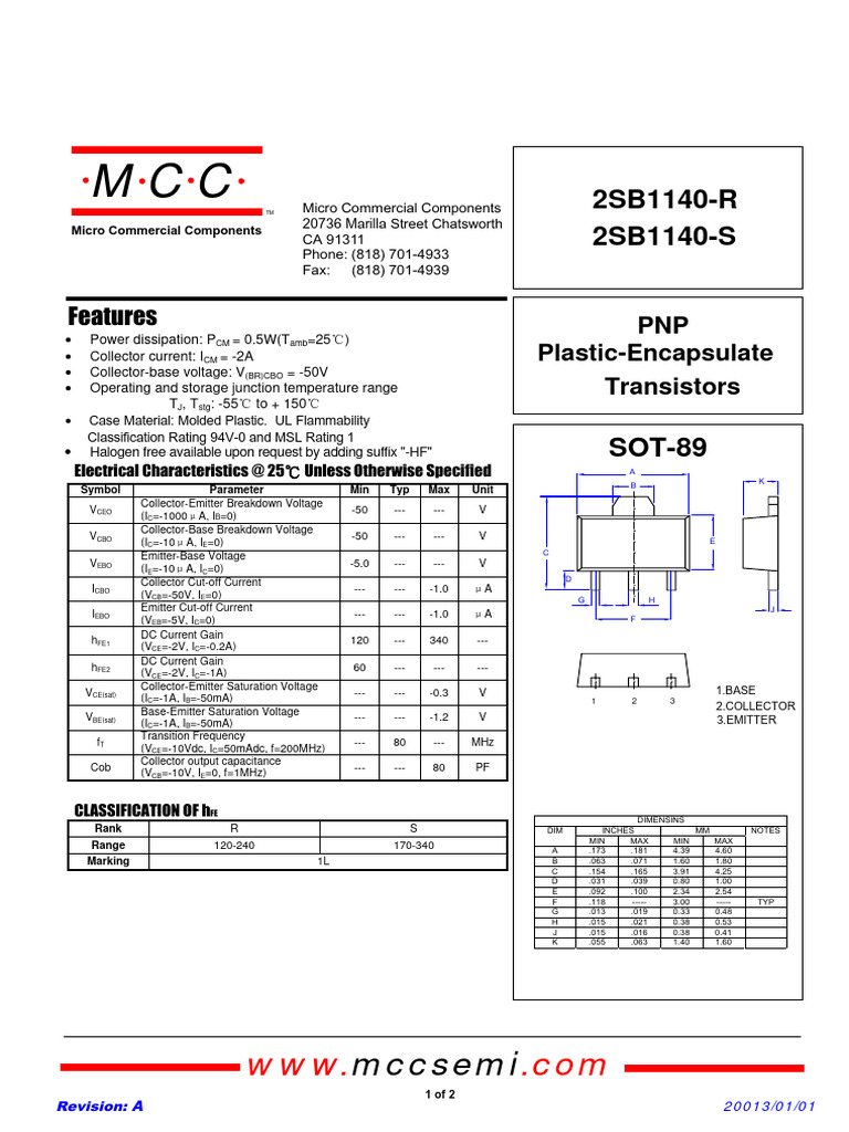 2sb1140 MCC | PDF | Bipolar Junction Transistor | Electromagnetism