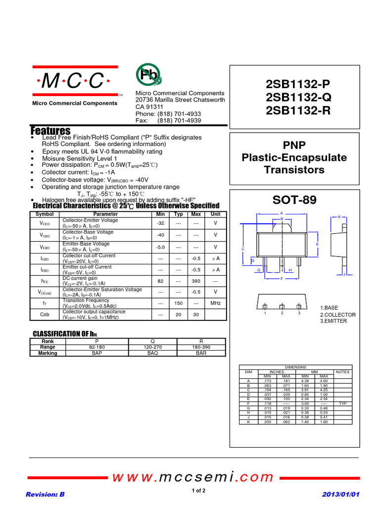 2sb1132 MCC | PDF | Bipolar Junction Transistor | Electronics