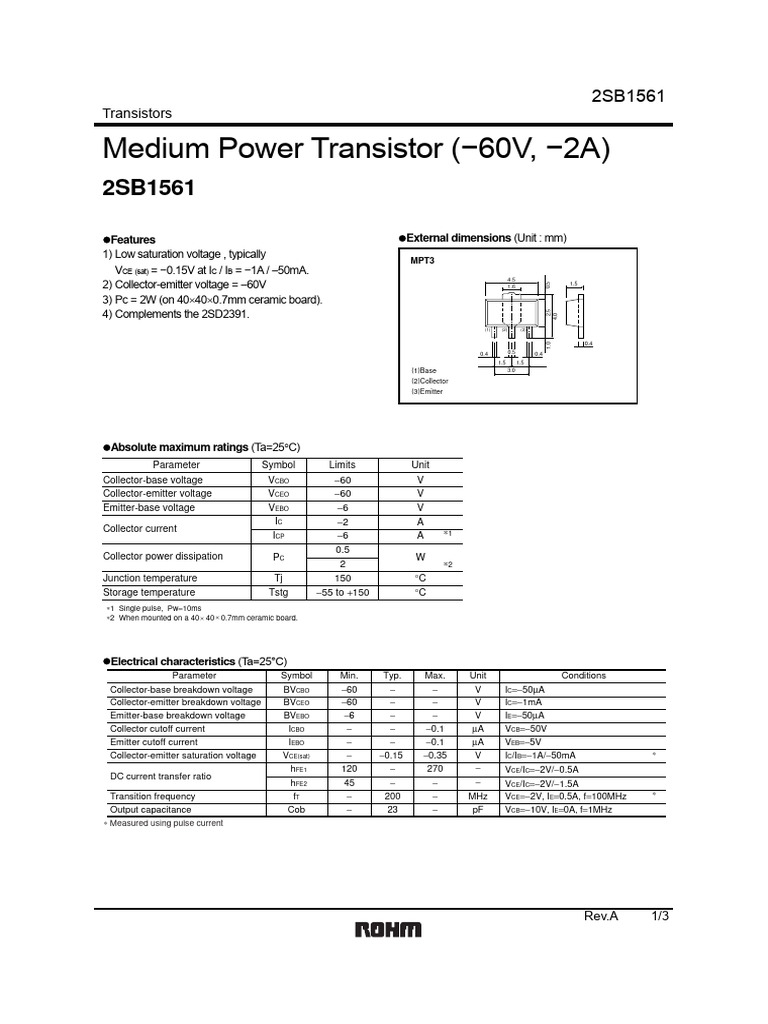 2sb1561 Rohm | PDF | Bipolar Junction Transistor | Electrical Components