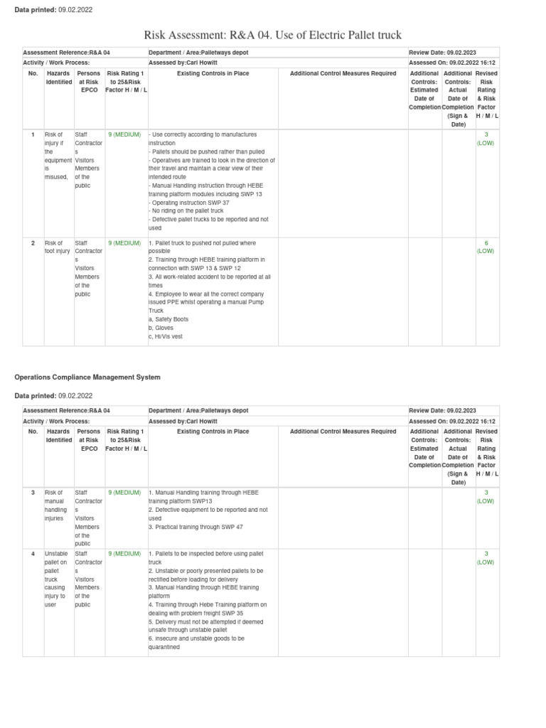 Electric Pallet Truck Risk Assessment | PDF | Risk | Pallet