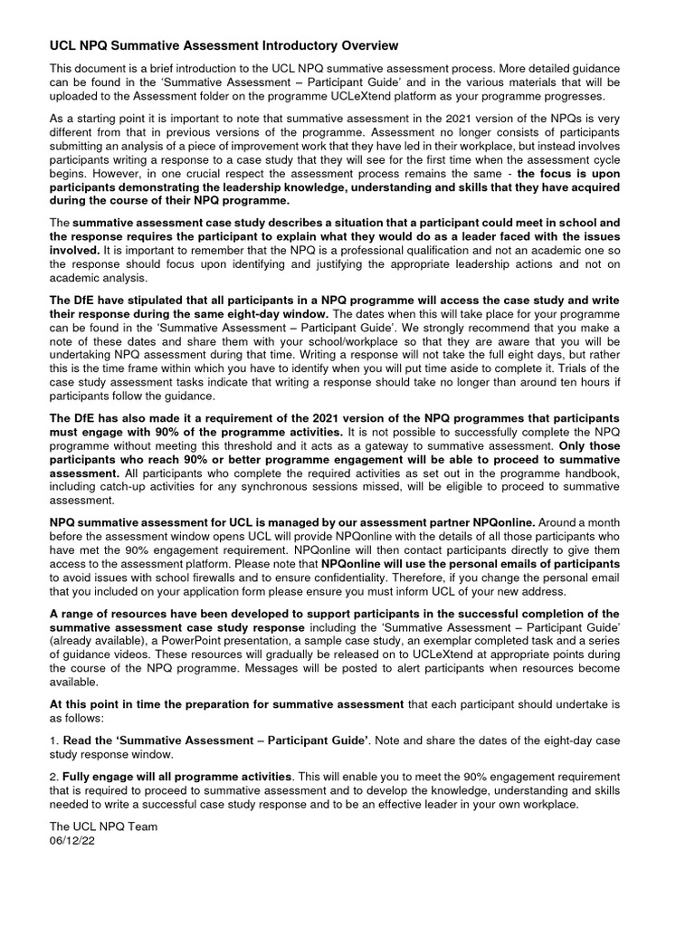 UCL NPQ Summative Assessment Introductory Overview | PDF
