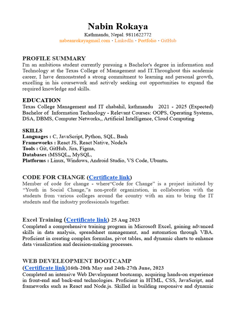 New CV Nabin | PDF | Web Development | Microsoft Excel