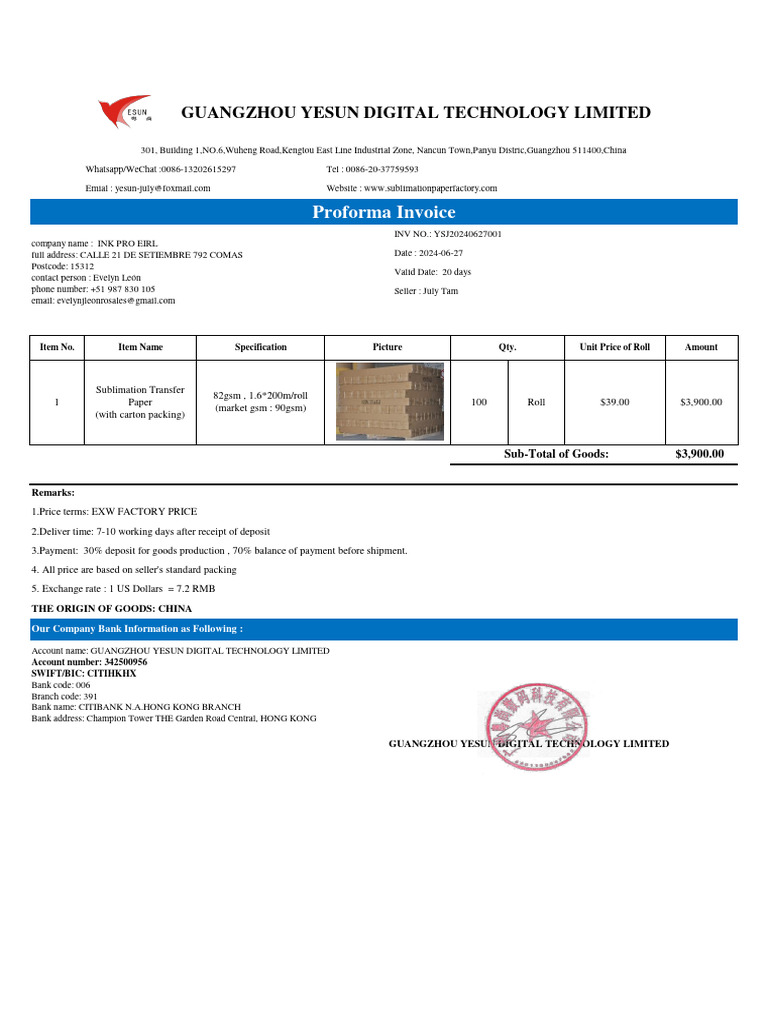 Yesun Paper Quotation #Ysj20240627001 | PDF | Money | Service Industries