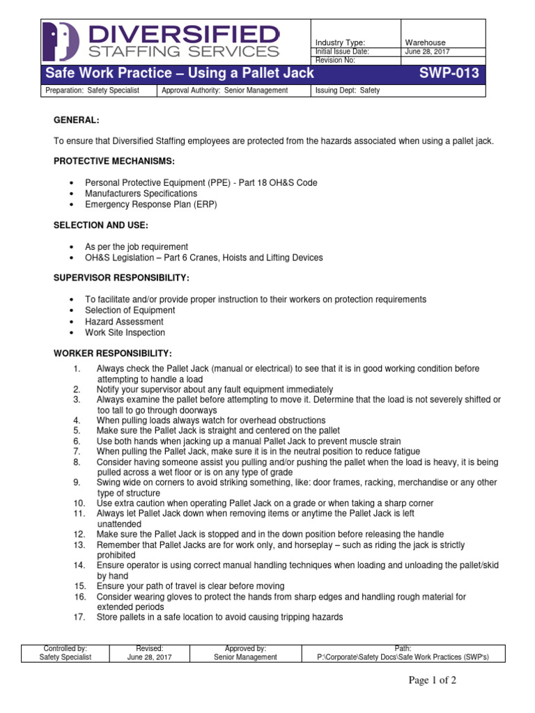 SWP 013 Using A Pallet Jack | PDF | Pallet | Warehouse