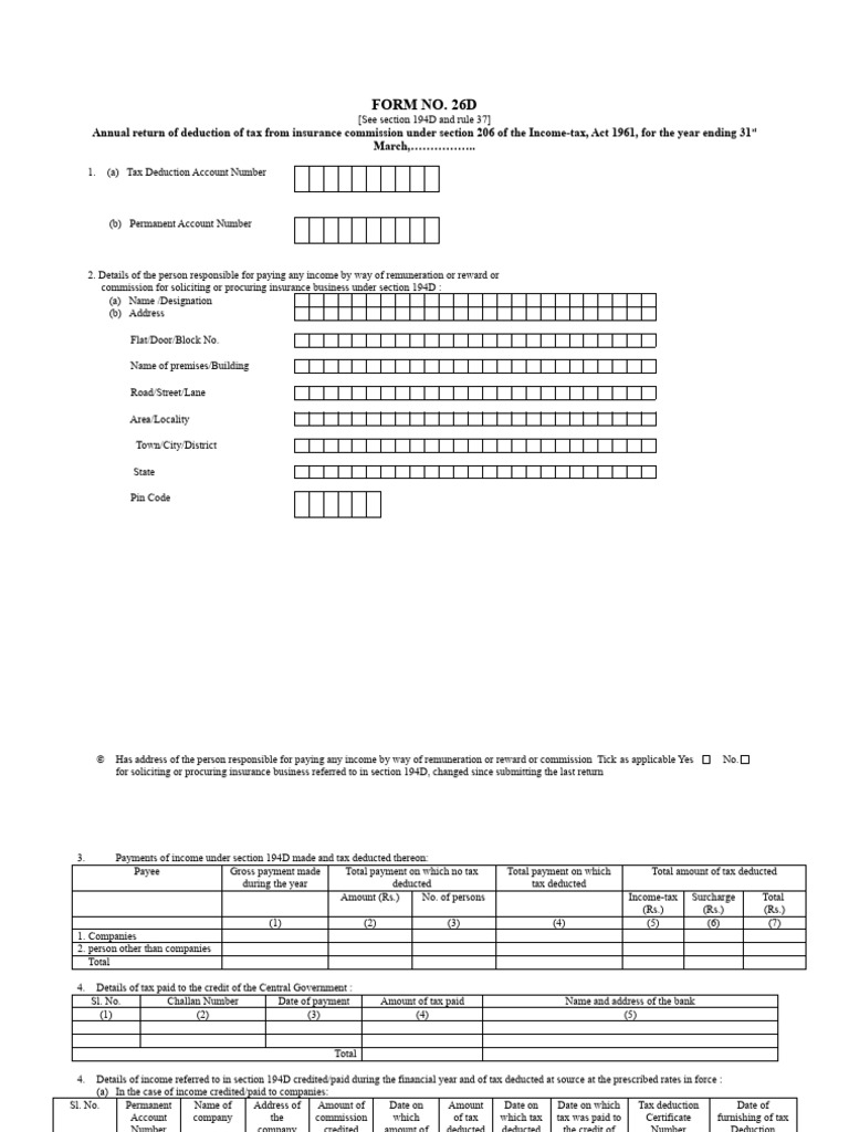 Form NO 26 D Annual Return of Deduction of Tax From Insurance ...