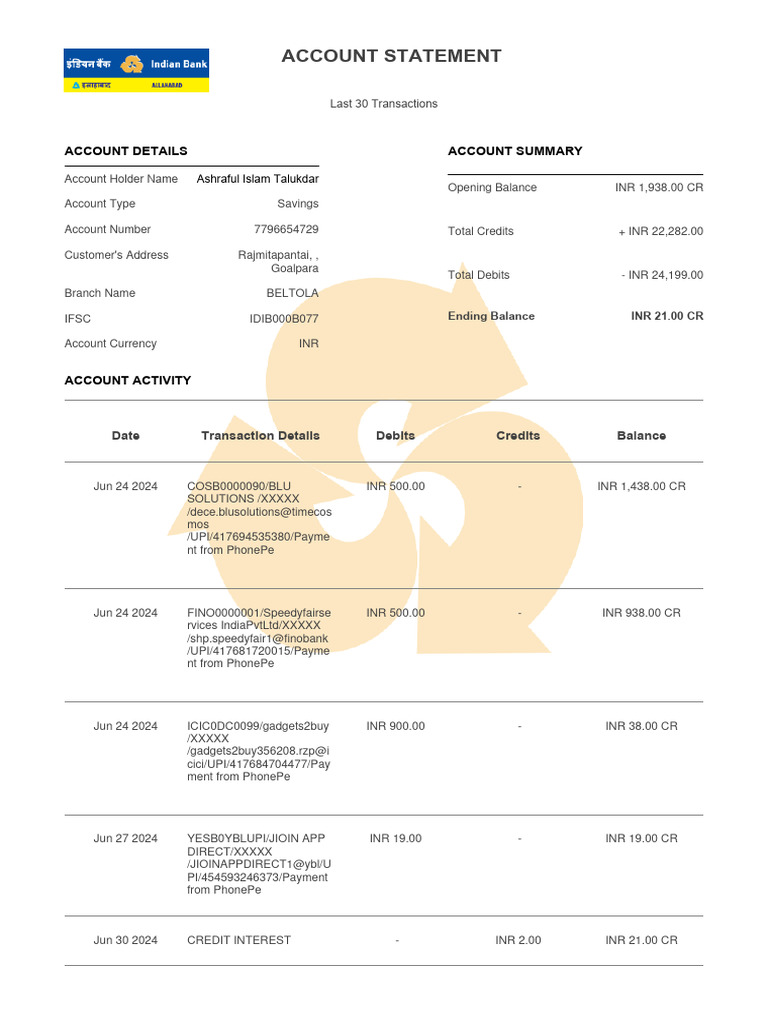 AccountStatement - 20-07-2024 22 - 33 - 39 | PDF | Debits And Credits | Payments