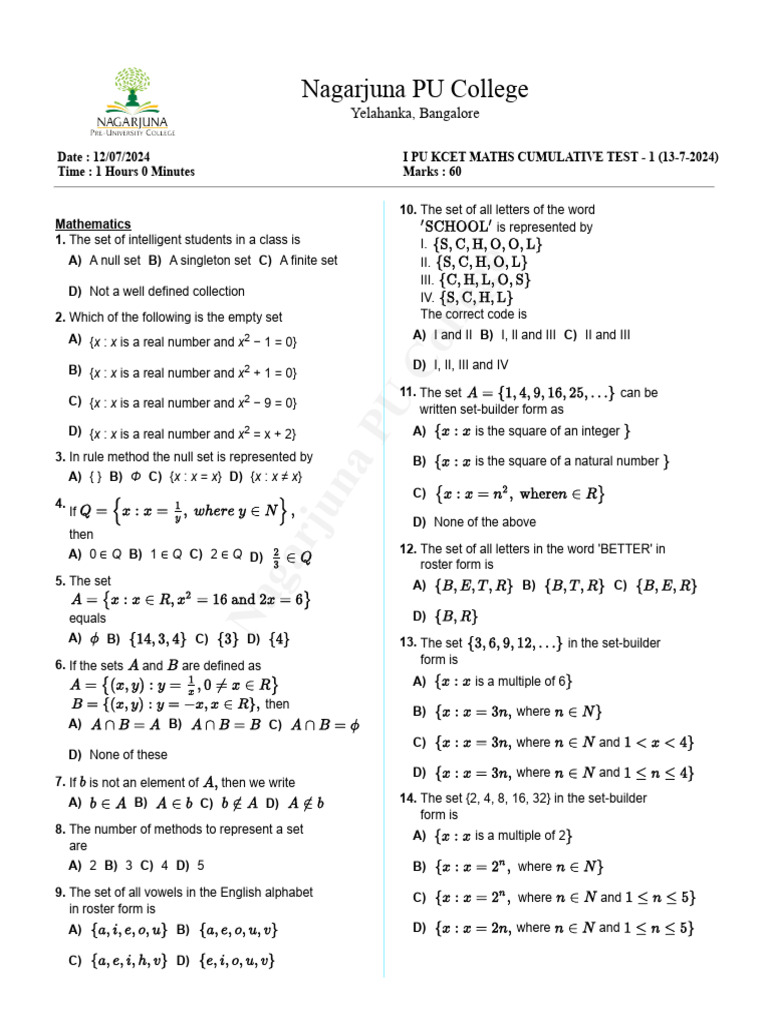 KCET 2024 Maths Cumulative Test 1 | PDF | Set (Mathematics ...