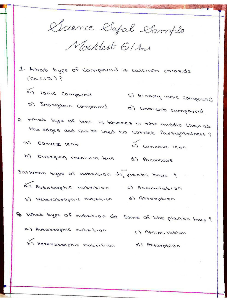 Safal Exam Sample Mocktest Questions (Science) | PDF