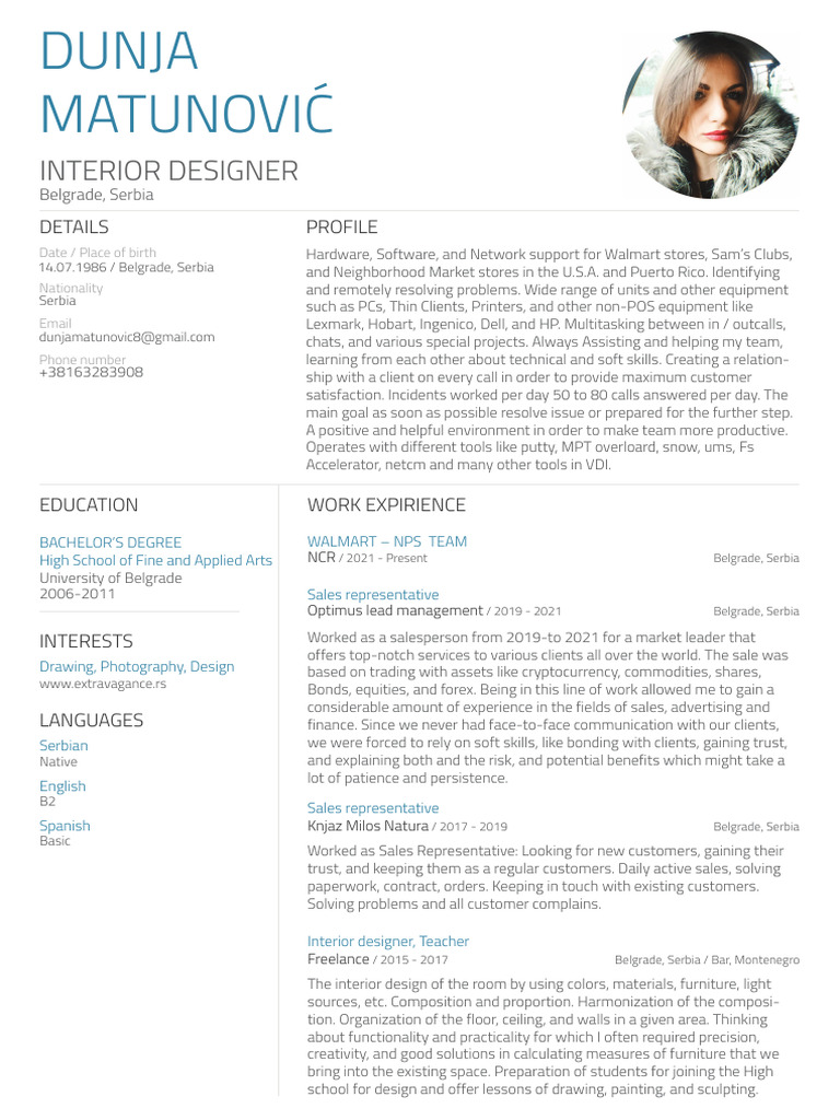 Dunja Matunović: Interior Designer Profile | PDF | Interior Design | Sales