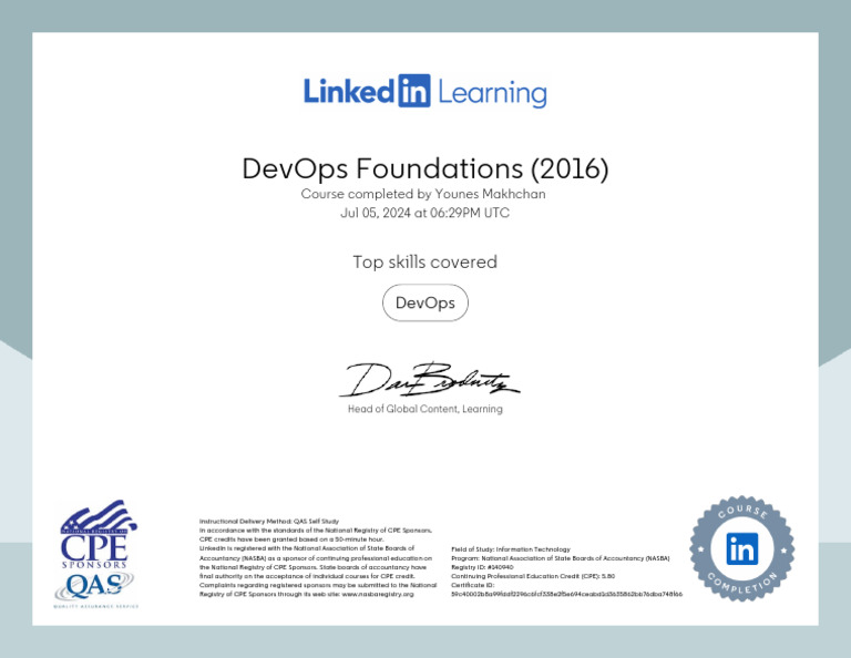 CertificateOfCompletion_DevOps Foundations 2016-1 | PDF